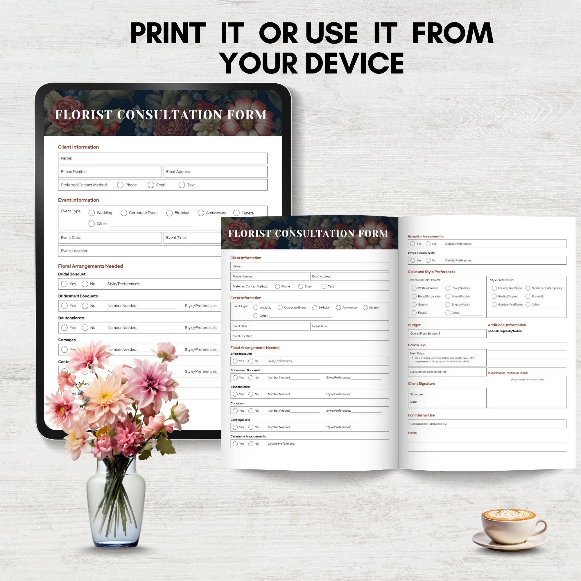 Florist Consultation Template Order Forms Florist Booking Form Flower ...