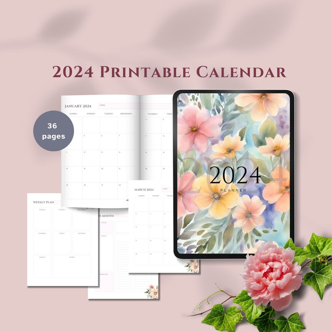 2024 Calendar Printable Floral Watercolor Bloom Daily Planners - Etsy