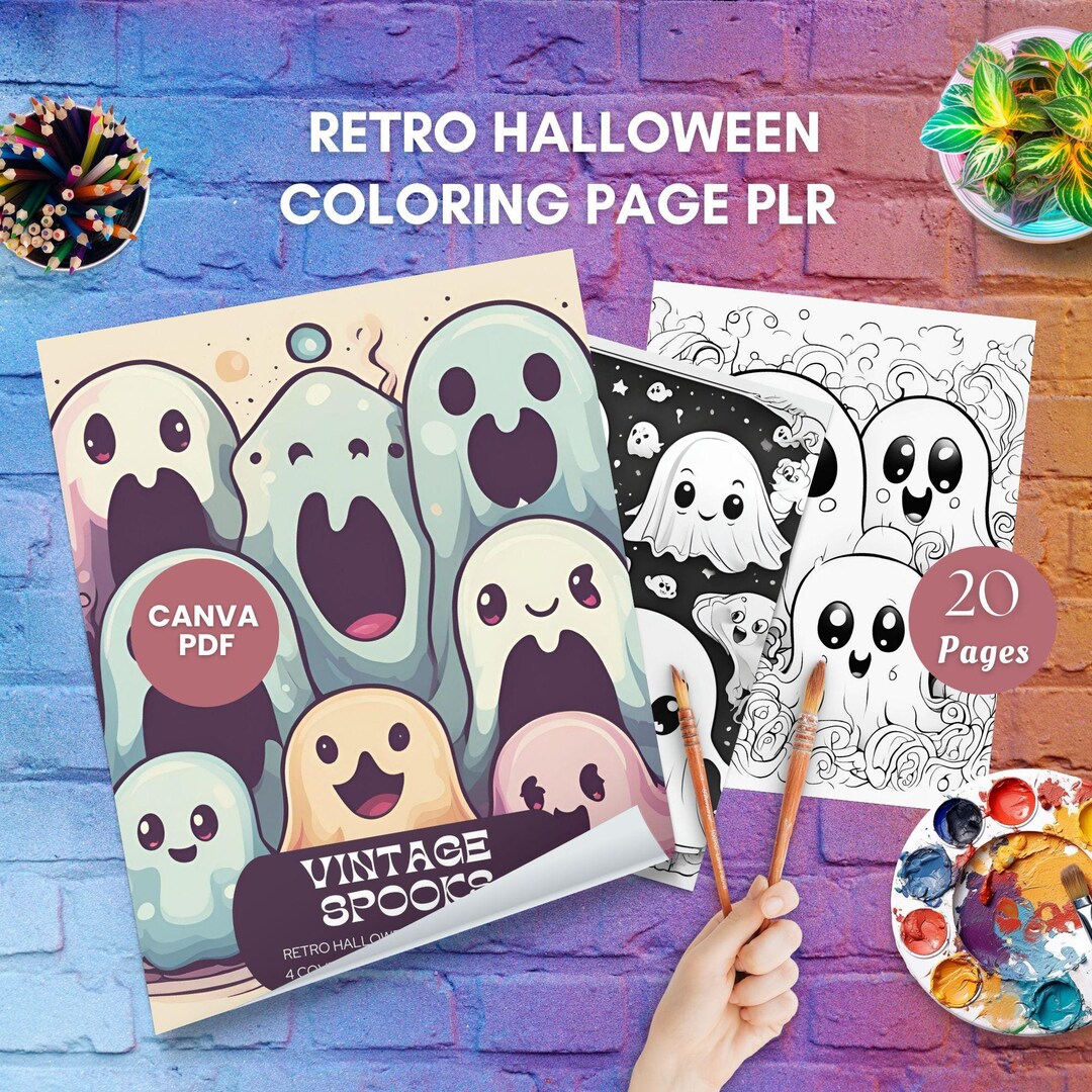 Retro Halloween Coloring Page for Adult Plr Cute Ghosts Kids Coloring ...