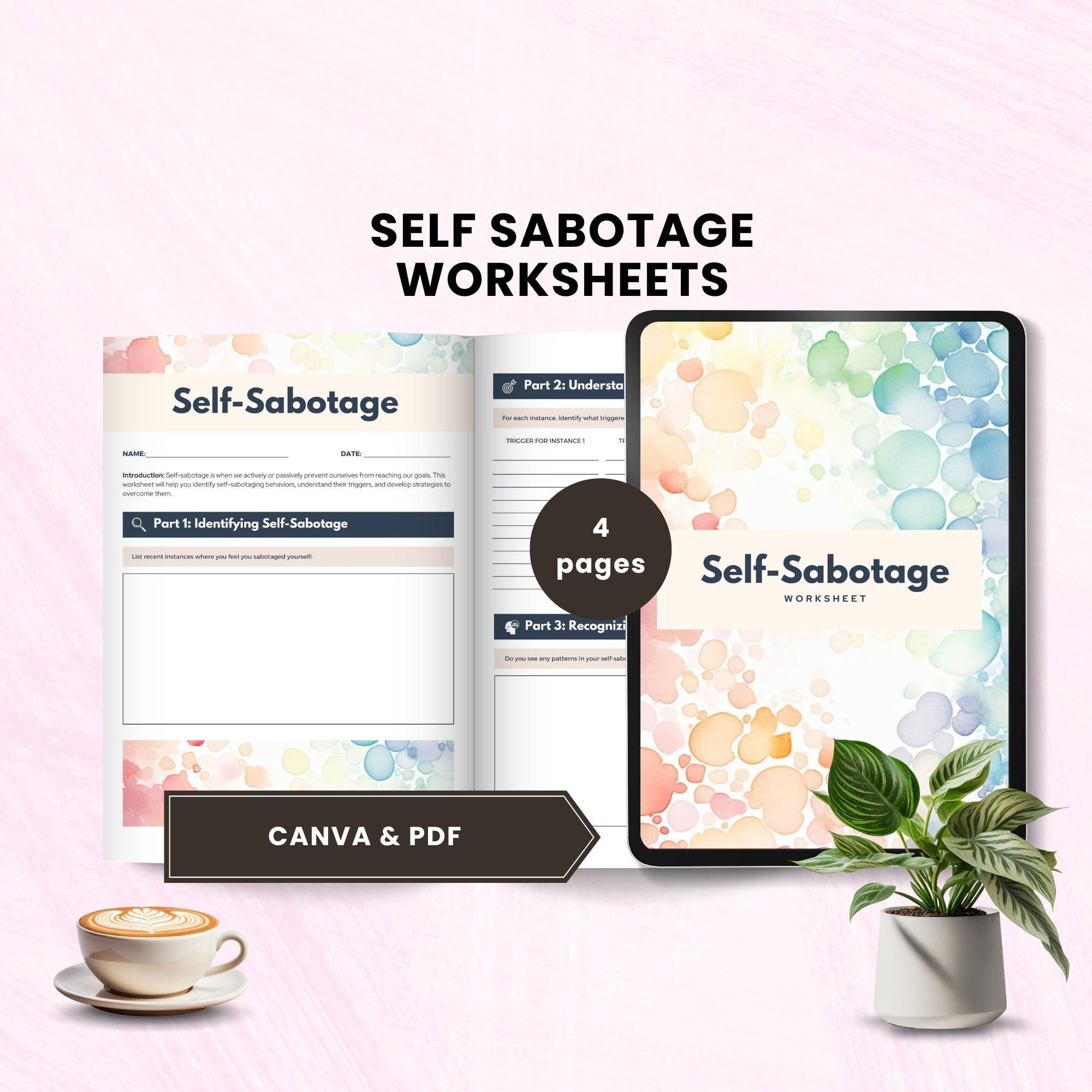 Self Sabotage Worksheets Template Canva Therapy Worksheets Self ...