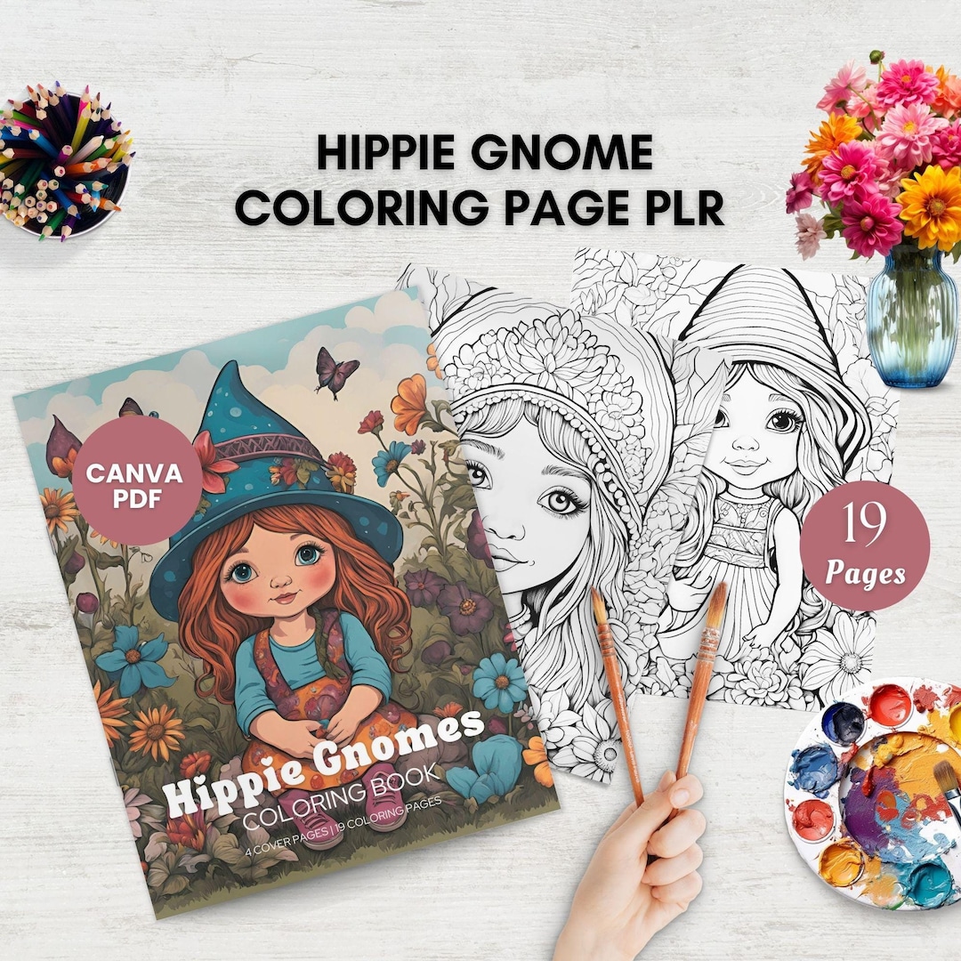 Hippie Gnome Coloring Page Kids and Adults Cute Garden Gnome Fantasy ...