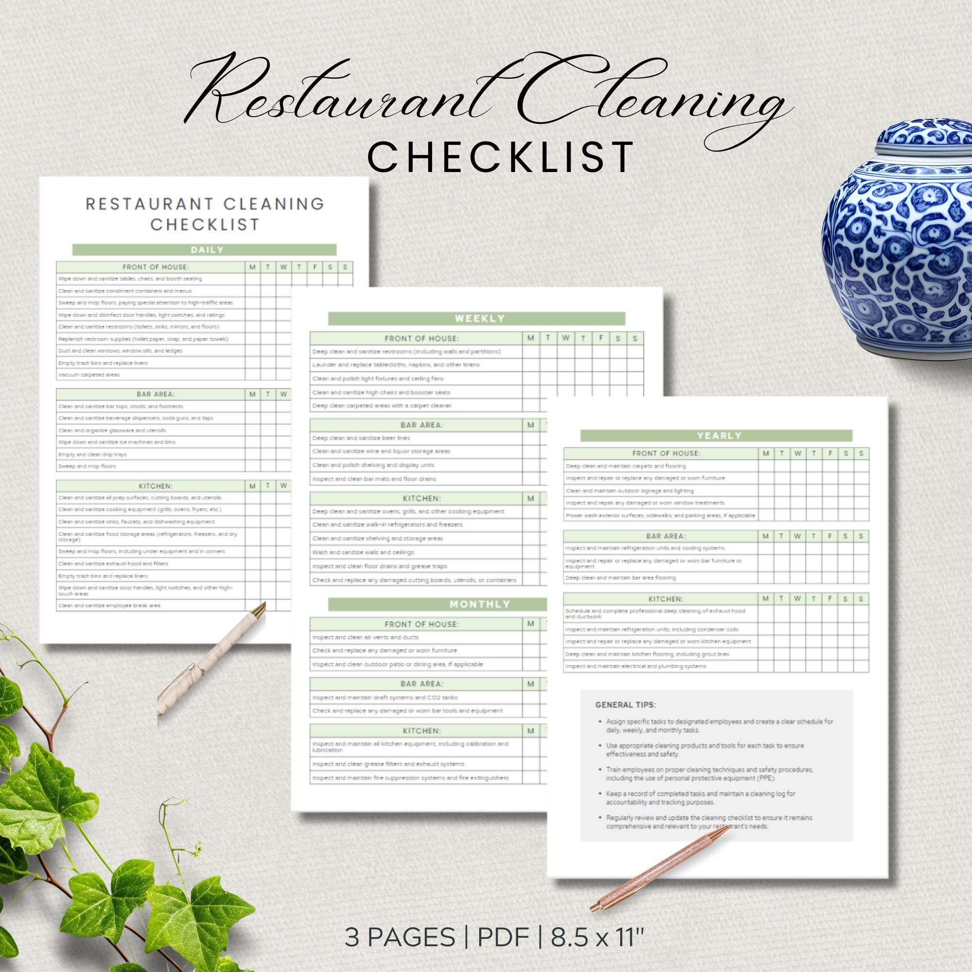 Restaurant Cleaning Checklist Printable Cleaning Schedule Planner ...