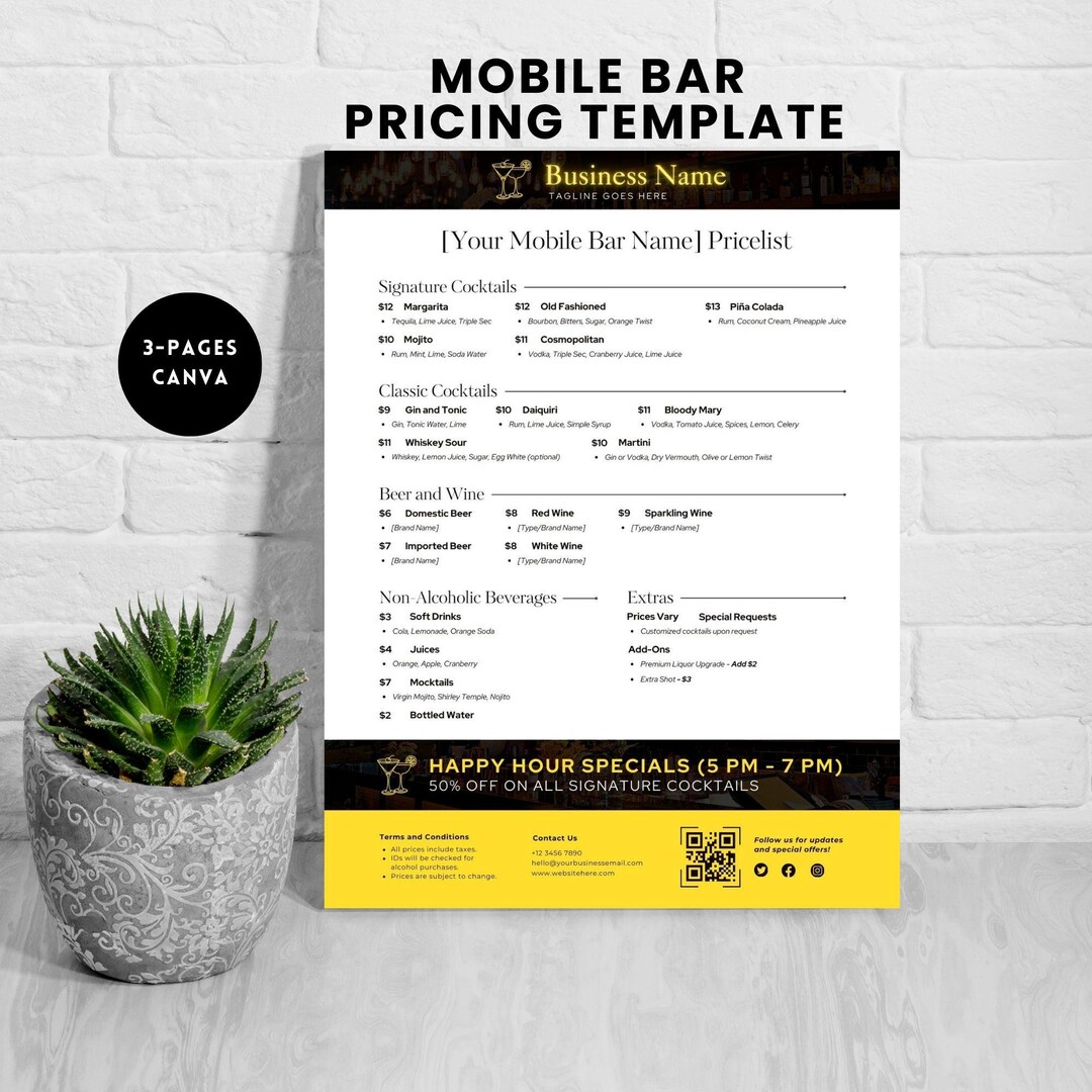 Mobile Bar Pricing Template Bartender Price Menu Cocktails Drinks List ...