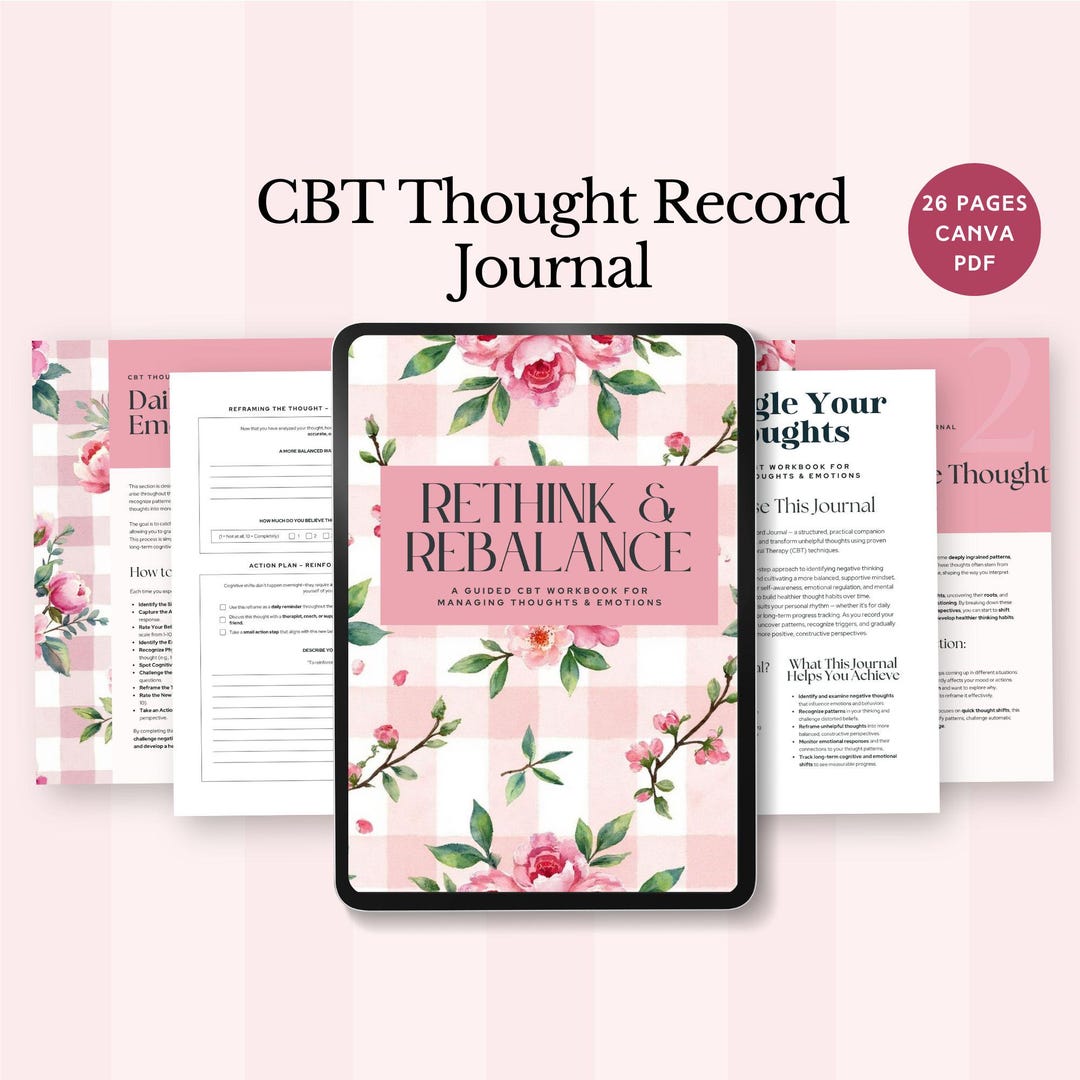 CBT Thought Record Journal Mental Health Workbook Anxiety Relief Coping ...