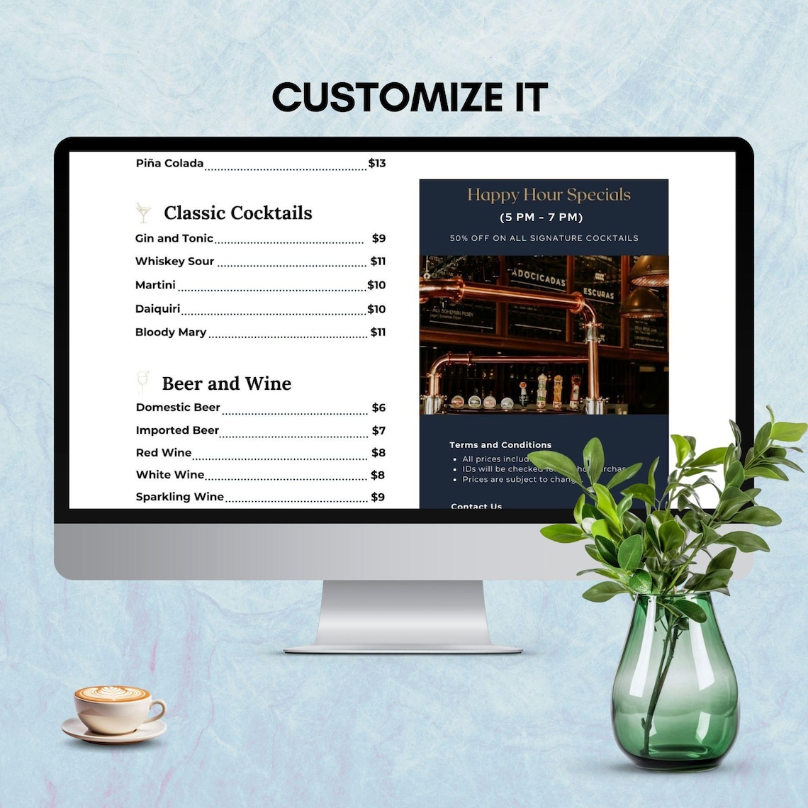 Mobile Bar Pricing Template Bartender Price Menu Cocktails Drinks List ...