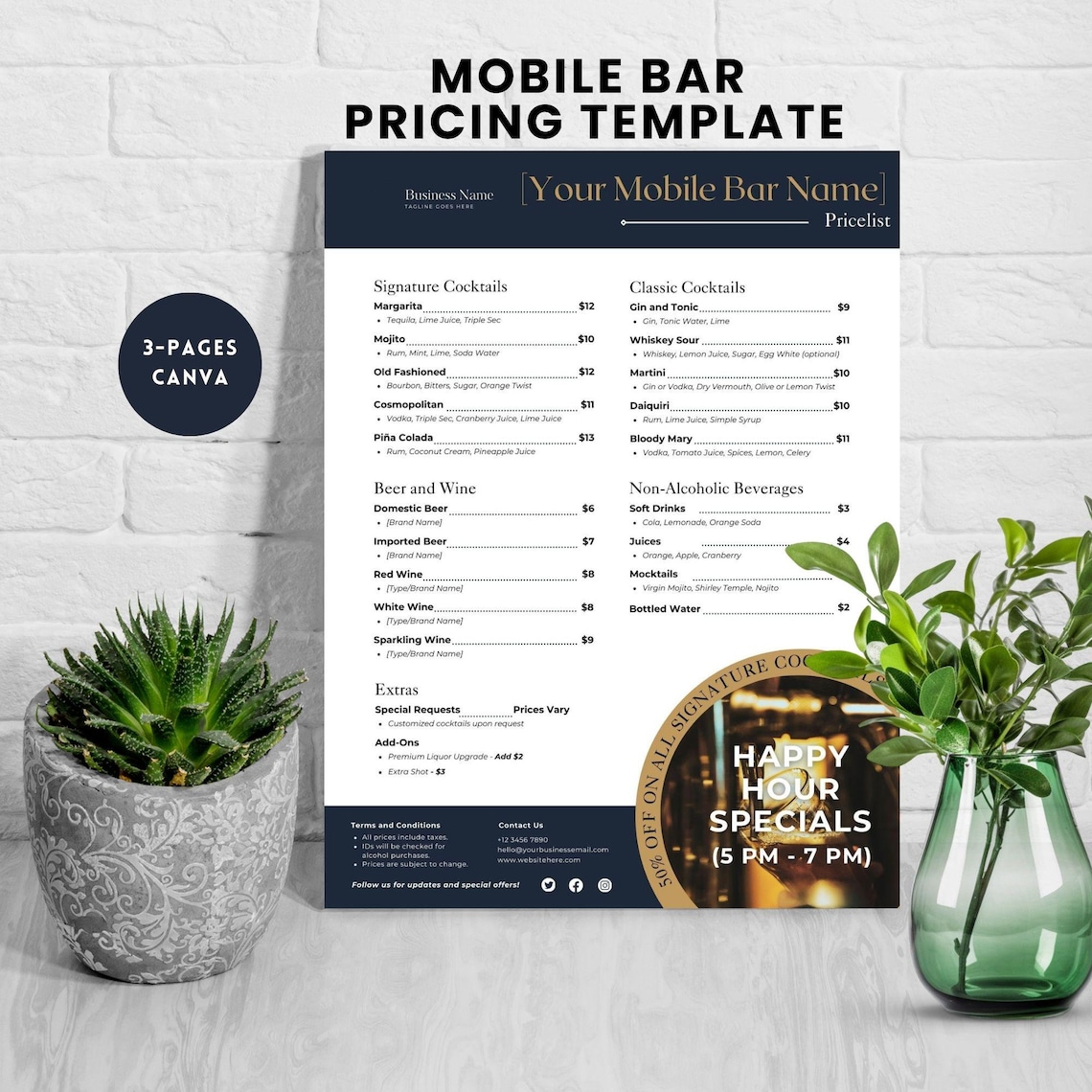 Mobile Bar Pricing Template Bartender Price Menu Cocktails Drinks List ...
