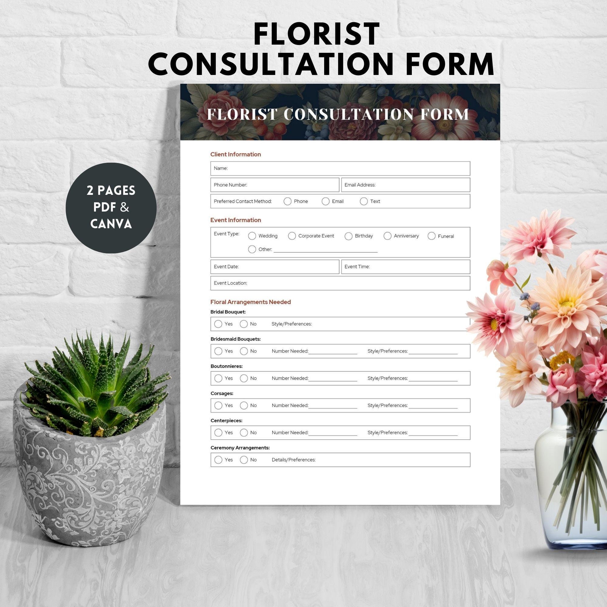 Florist Consultation Template Order Forms Florist Booking Form Flower ...