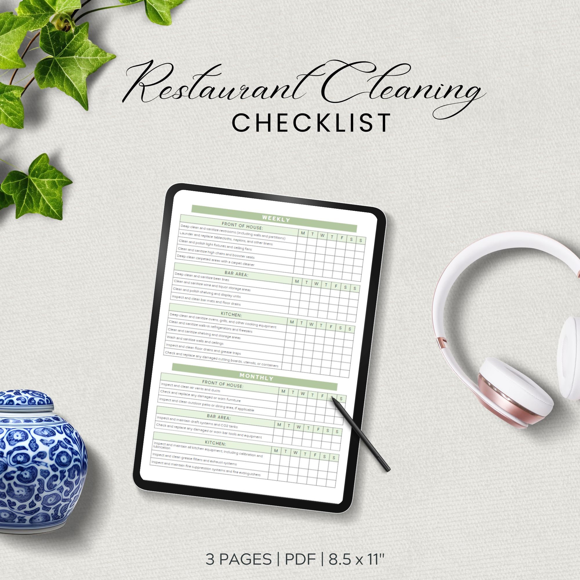Restaurant Cleaning Checklist Printable Cleaning Schedule Planner ...