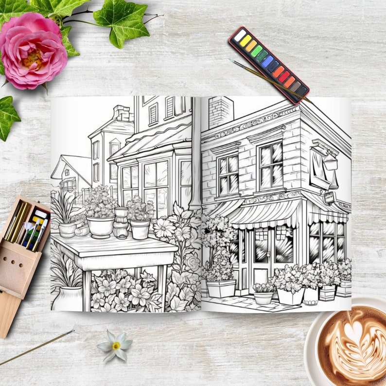Small Town Coloring Book Hygge Coloring Page for Adult Coloring Sheet ...