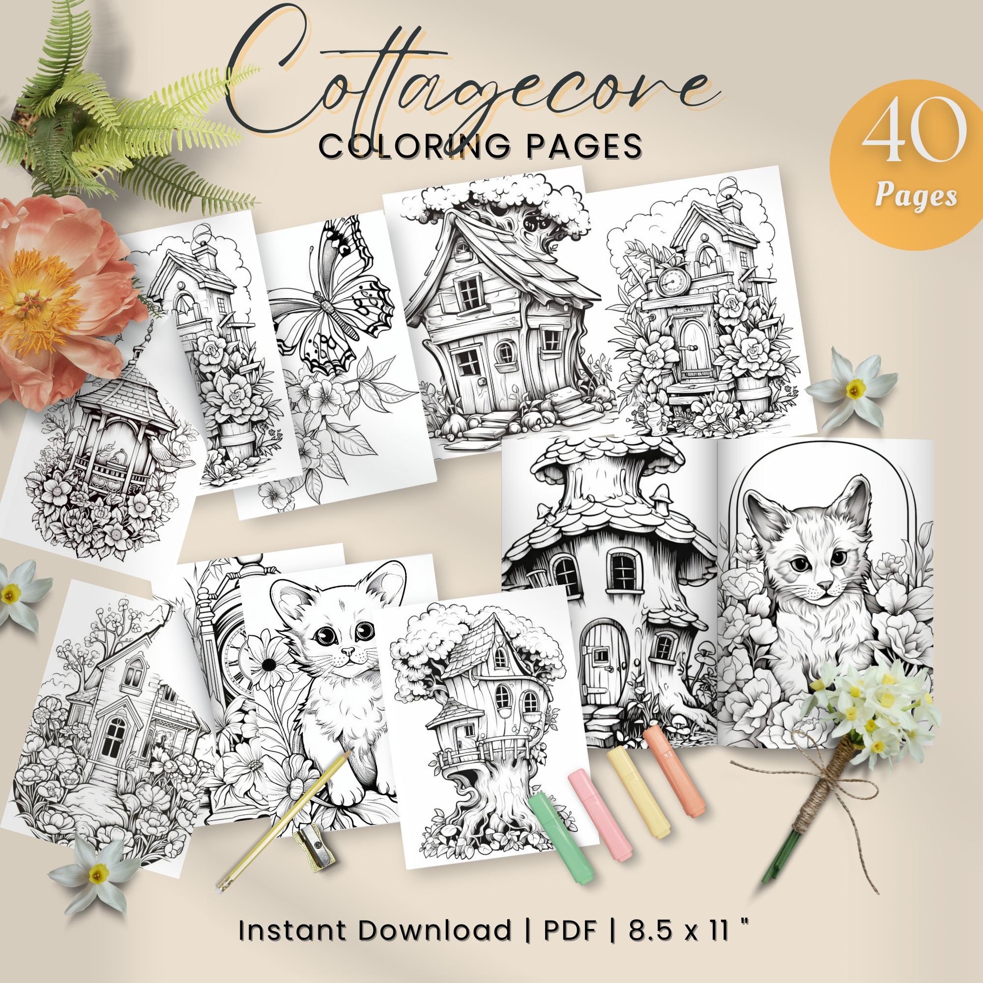 Cottagecore Coloring Book Pages Whimsical Flowers Coloring Book Cozy ...