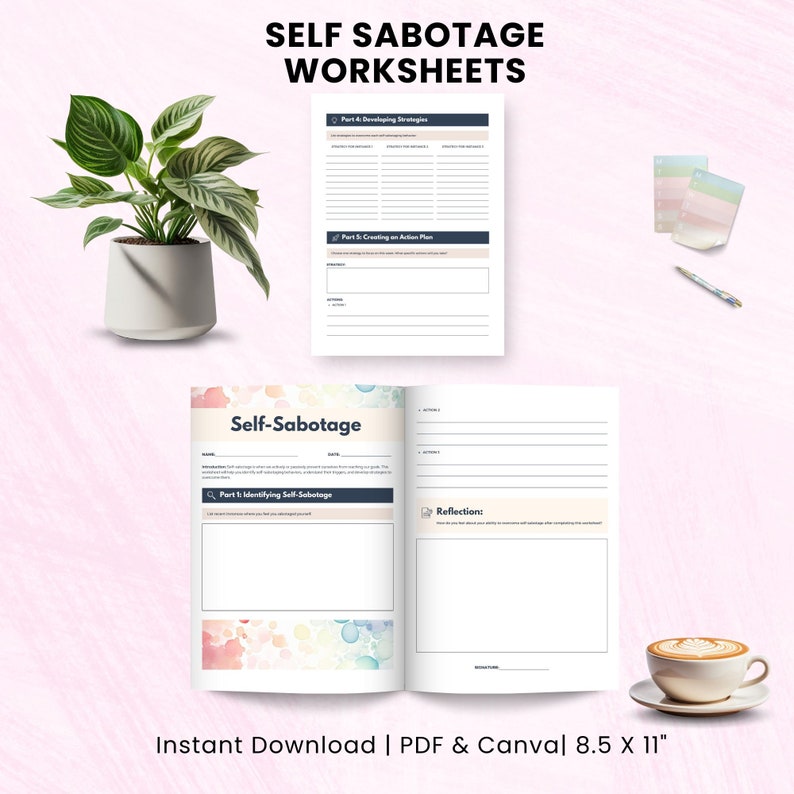 Self Sabotage Worksheets Template Canva Therapy Worksheets Self ...