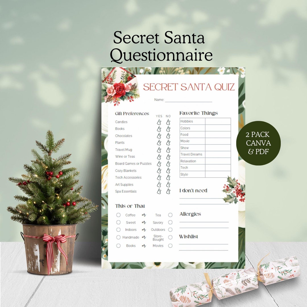 Secret Santa Questionnaire Adult Christmas Gift Exchange Quiz Coworker ...