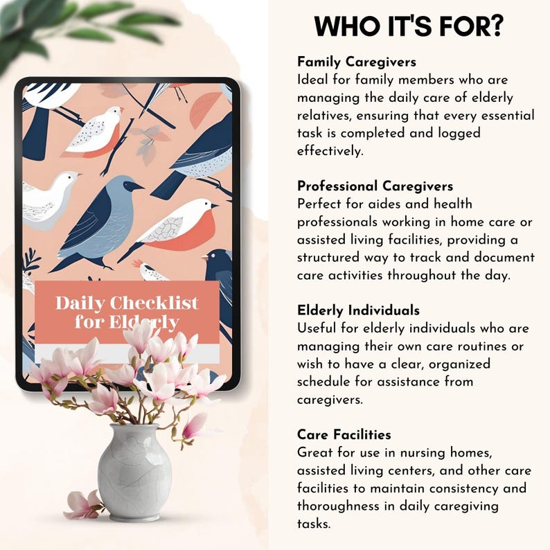 Daily Checklist for Elderly Caregiver Journal Senior Care Daily Tasks ...