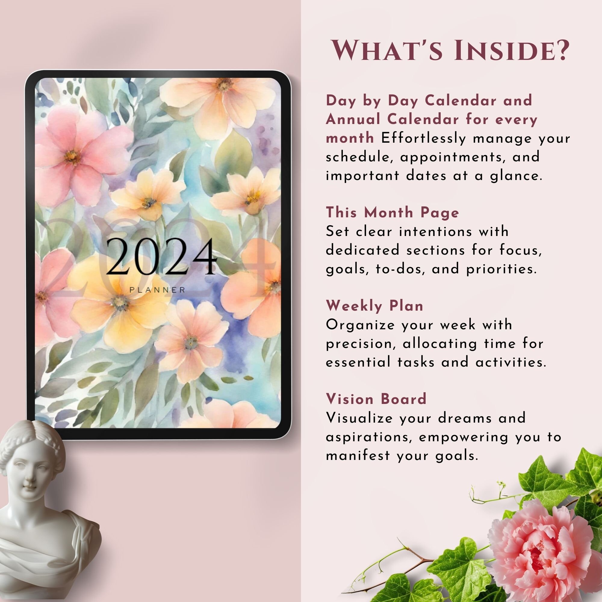 2024 Calendar Printable Floral Watercolor Bloom Daily Planners 2024 ...