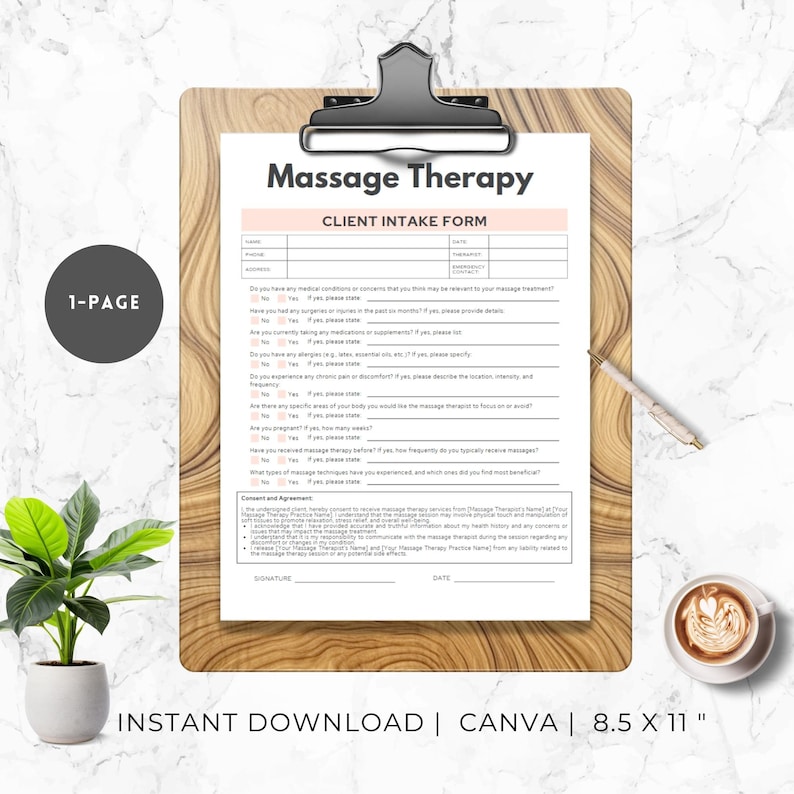 Client Intake Form Massage Therapy Intake Form Esthetician Massage Therapist Template Informed ...