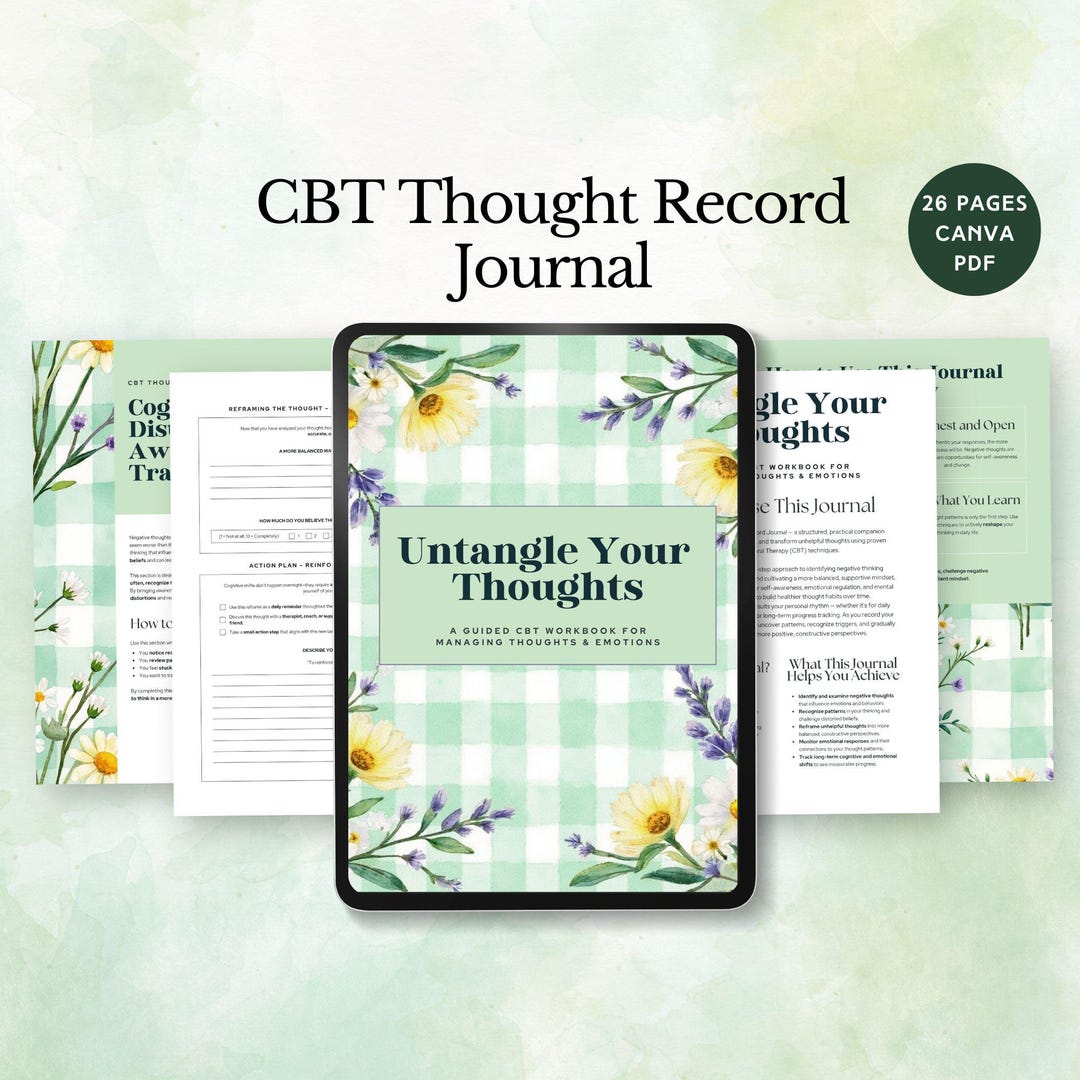 CBT Thought Record Journal Mental Health Worksheet Anxiety Relief ...