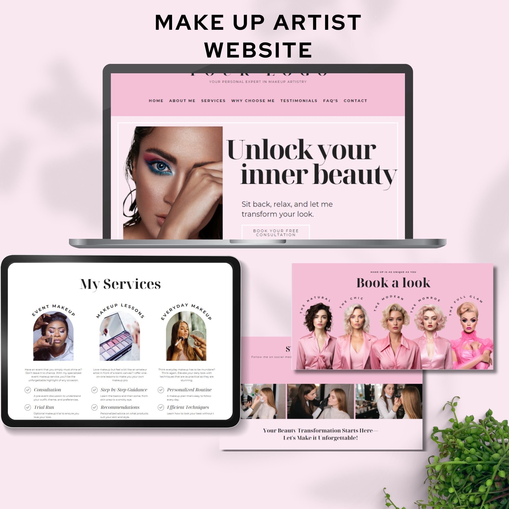 Make up Artist Website Template Canva Beauty Blogger Influencer Landing ...