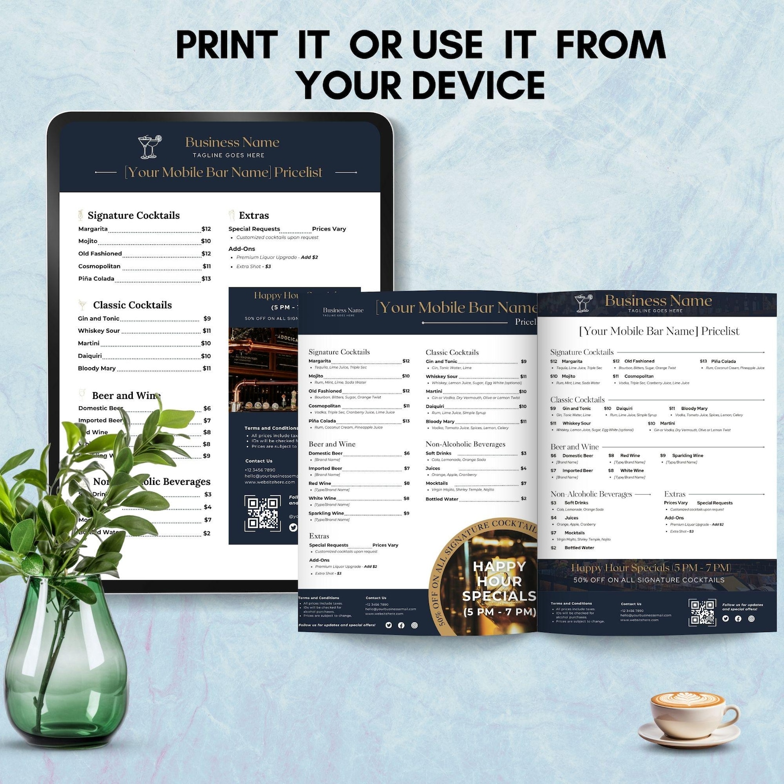 Mobile Bar Pricing Template Bartender Price Menu Cocktails Drinks List ...