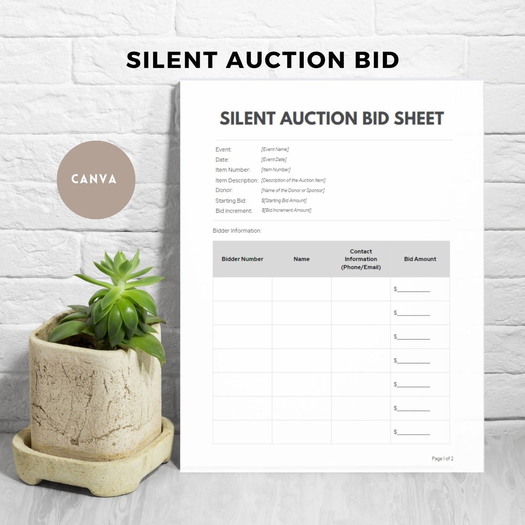 Silent Auction Template Editable Form Silent Auction Bid Sheet Canva ...