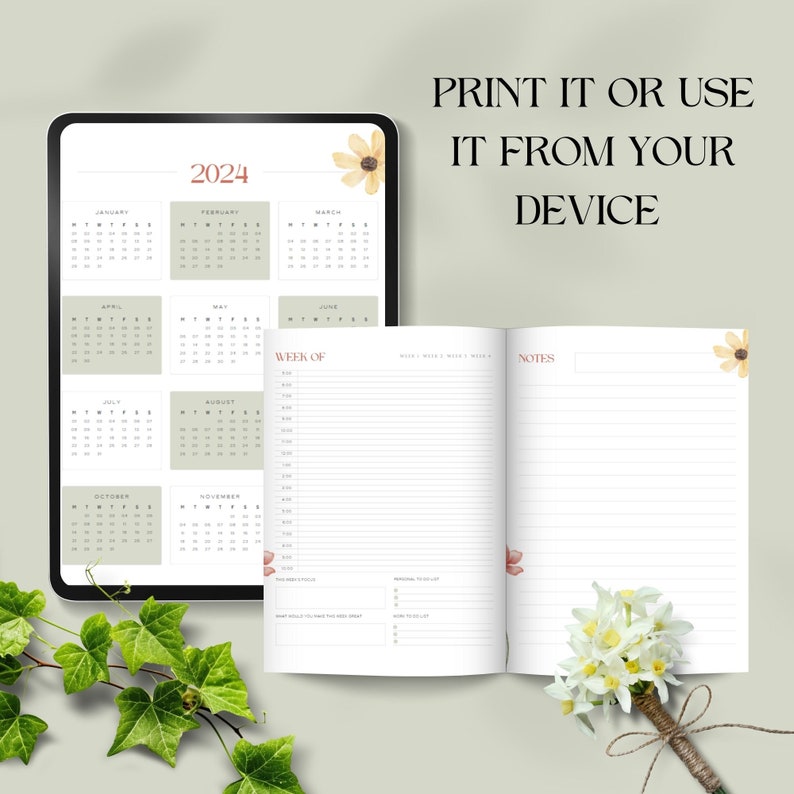 2024 Calendar Printable Floral Watercolor Bloom Daily Planners - Etsy