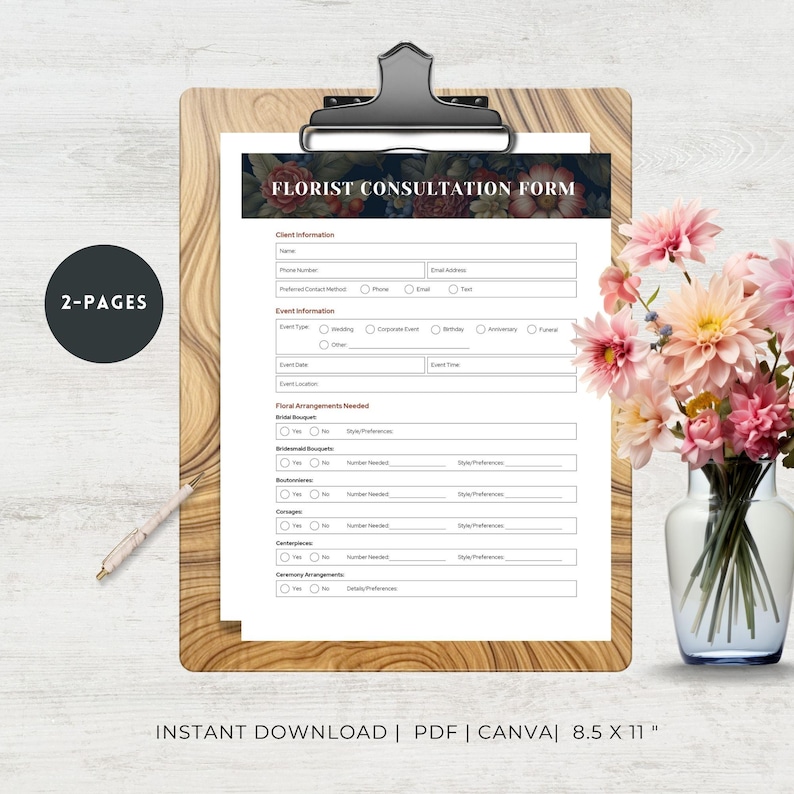 Florist Consultation Template Order Forms Florist Booking Form Flower ...
