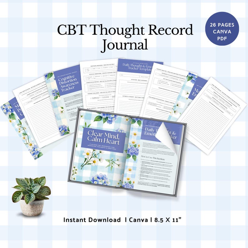 CBT Thought Record Journal Mental Health Workbook Anxiety Relief Coping ...