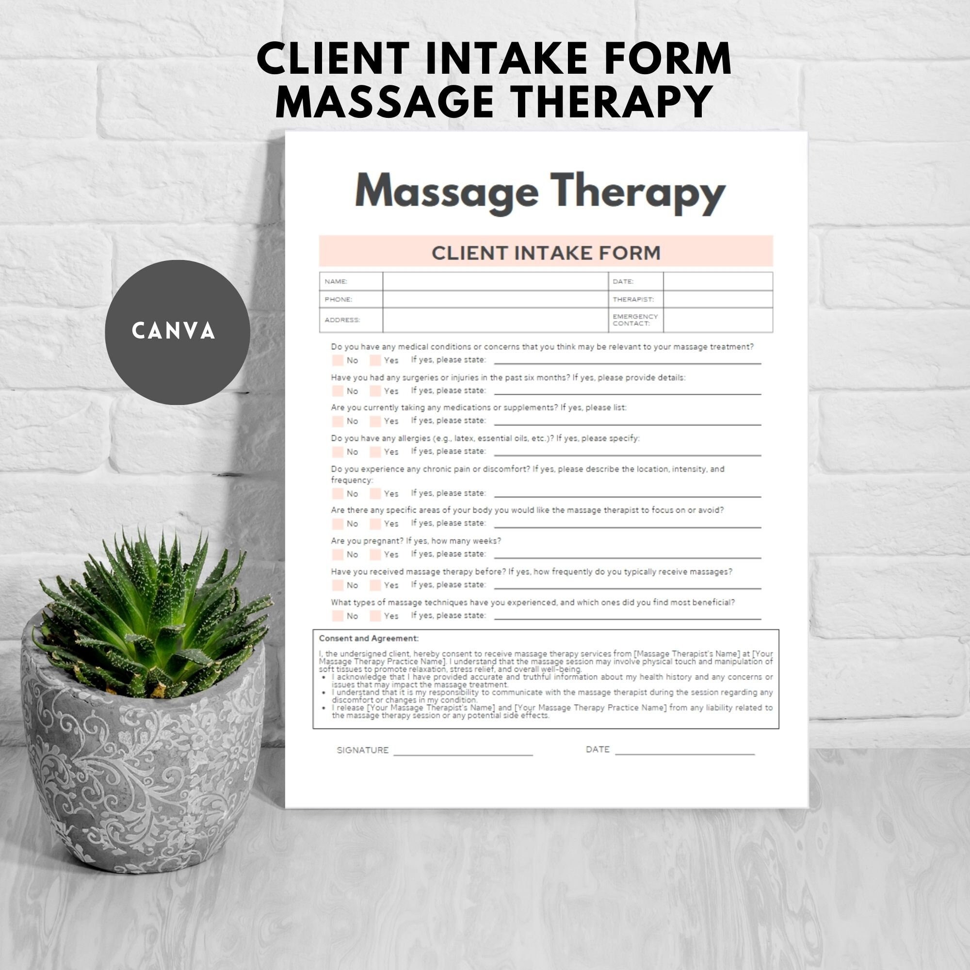 Client Intake Form Massage Therapy Intake Form Esthetician Massage Therapist Template Informed ...