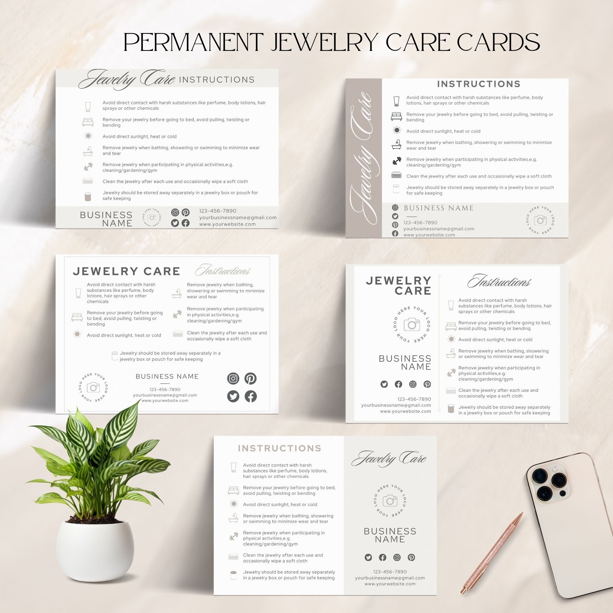 Permanent Jewelry Care Card Template Jewellery Printed Instruction ...