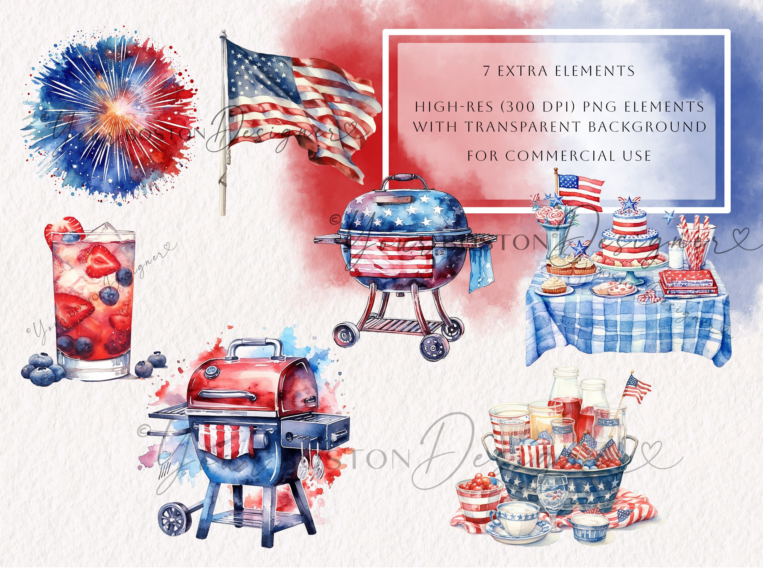 4th of July Watercolor Clipart Set | Patriotic Clipart | 4th of July ...