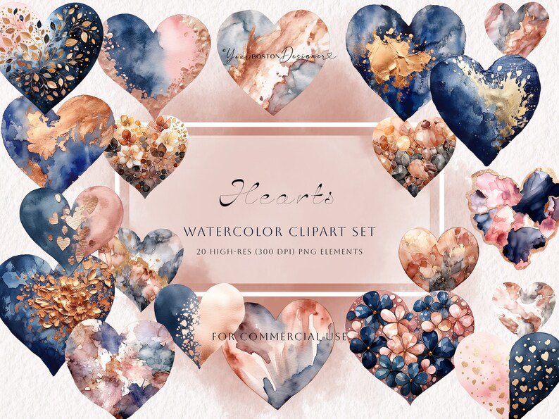 Hearts Clipart Set | Luxury Hearts Clipart | Watercolor Hearts Clipart ...