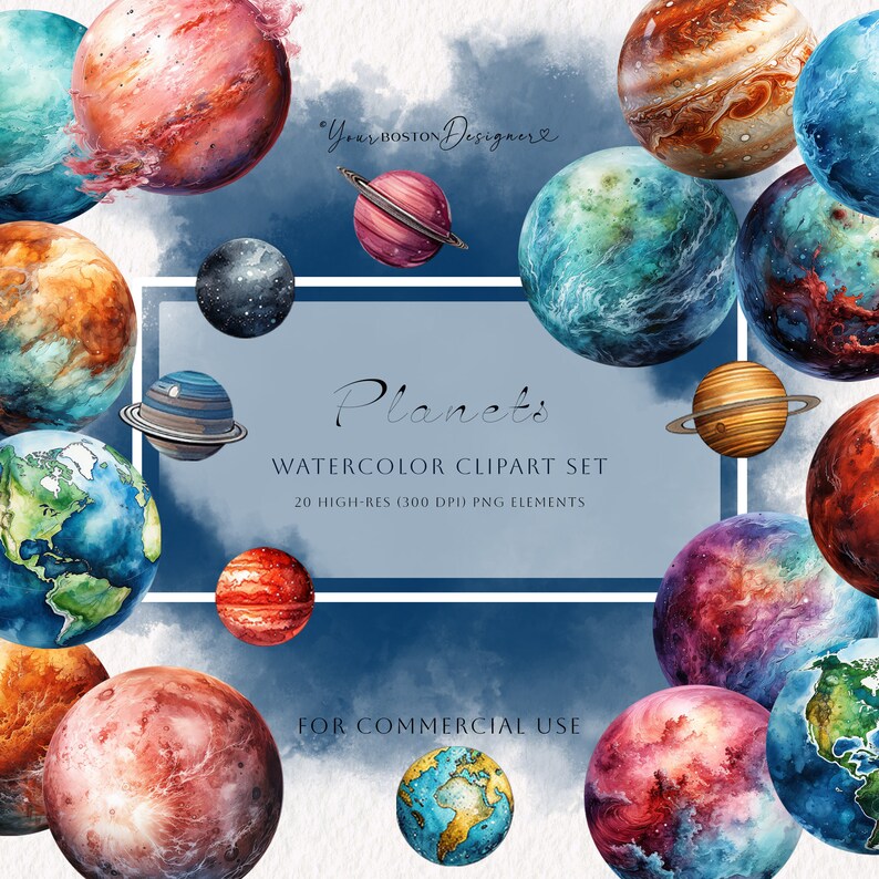 Planets Watercolor Clipart Set Earth Clipart Planets Commercial Use OK ...
