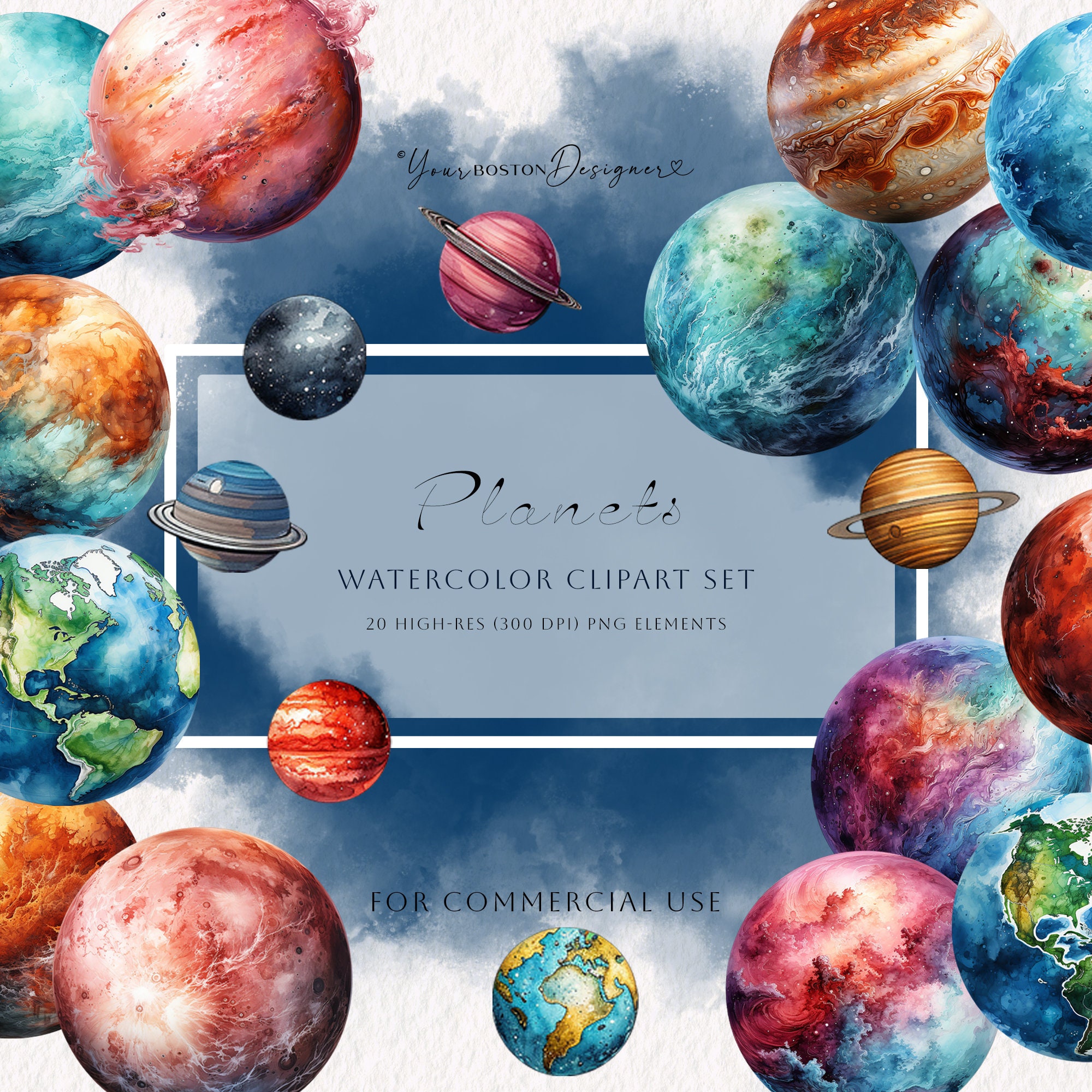 Planets Watercolor Clipart Set Earth Clipart Planets Commercial Use OK ...