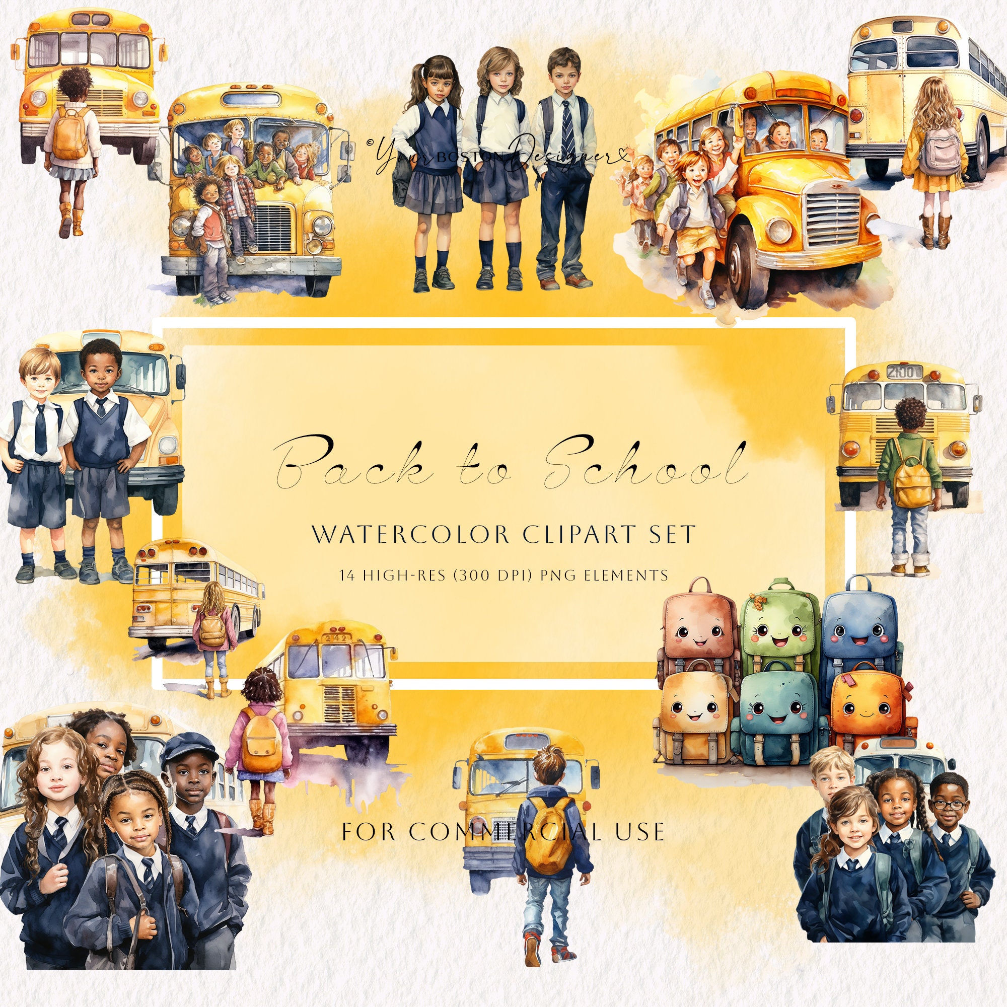 Back to School Clipart Set Back to School School Bus Clipart Commercial ...