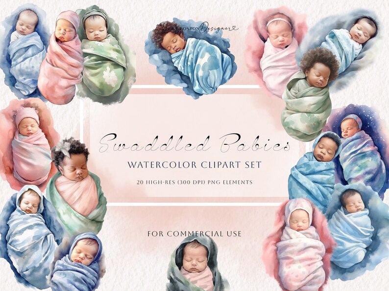Swaddled Babies Watercolor Clipart Set | Baby Clipart | Newborn Clipart ...