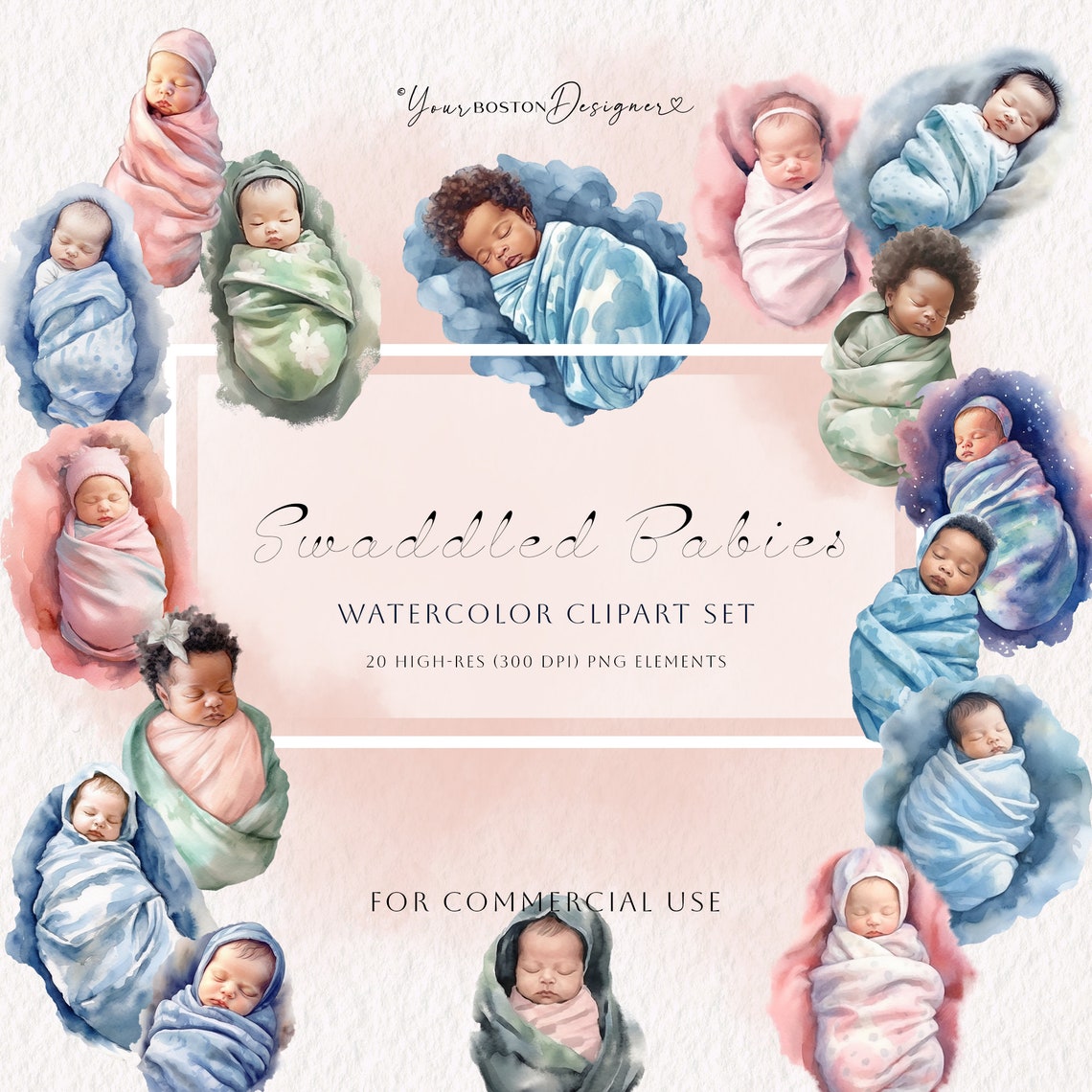 Swaddled Babies Watercolor Clipart Set | Baby Clipart | Newborn Clipart ...