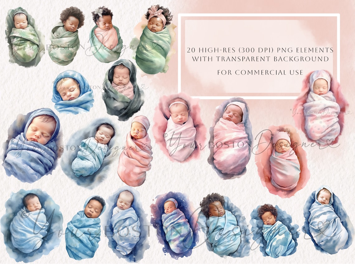 Swaddled Babies Watercolor Clipart Set | Baby Clipart | Newborn Clipart ...