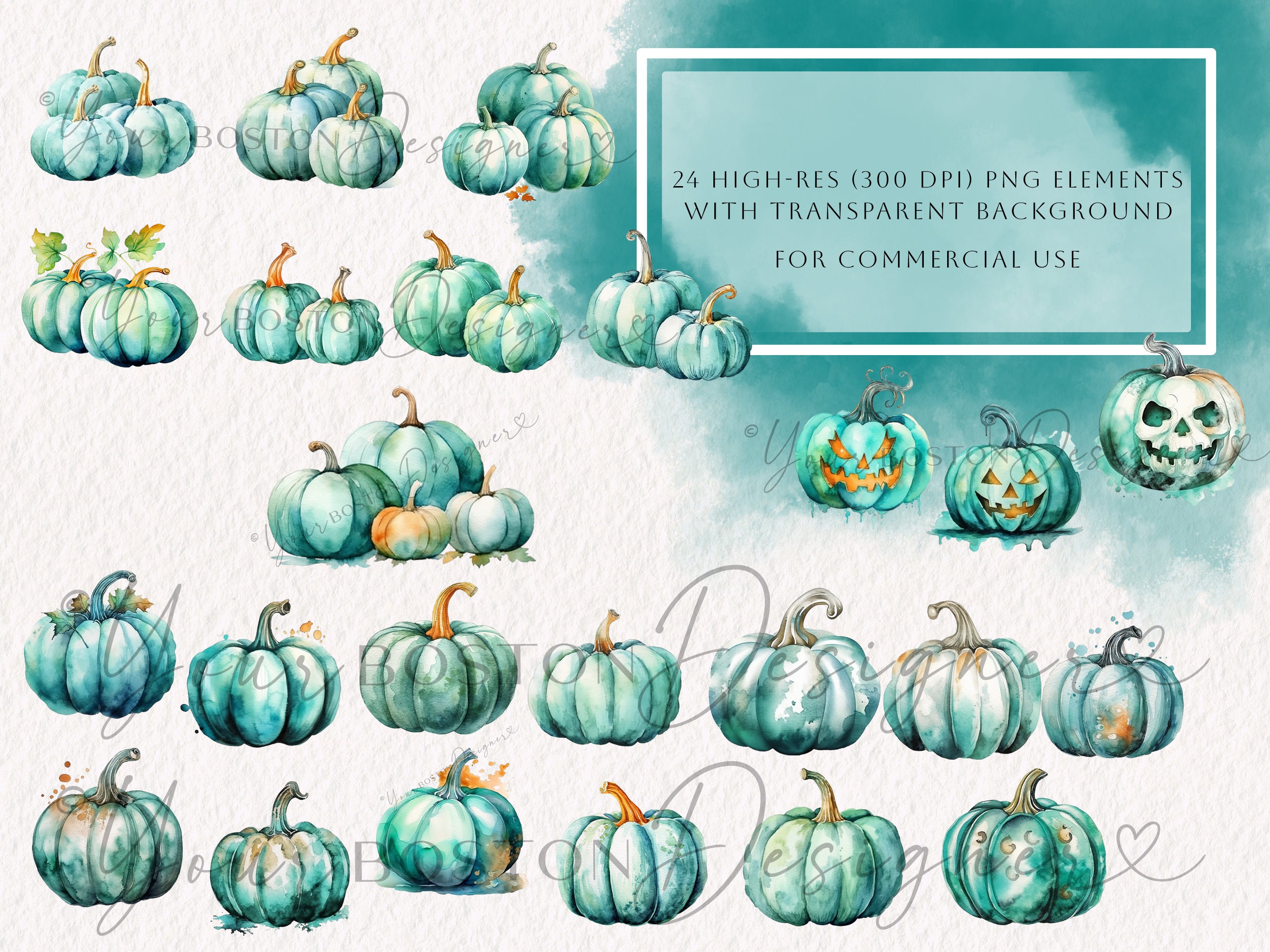 Teal Pumpkins Watercolor Clipart Set | Teal Halloween Pumpkin ...