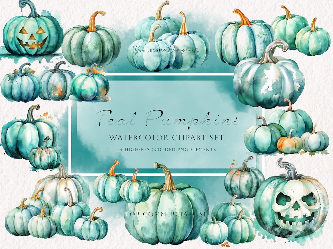 Teal Pumpkins Watercolor Clipart Set | Teal Halloween Pumpkin ...