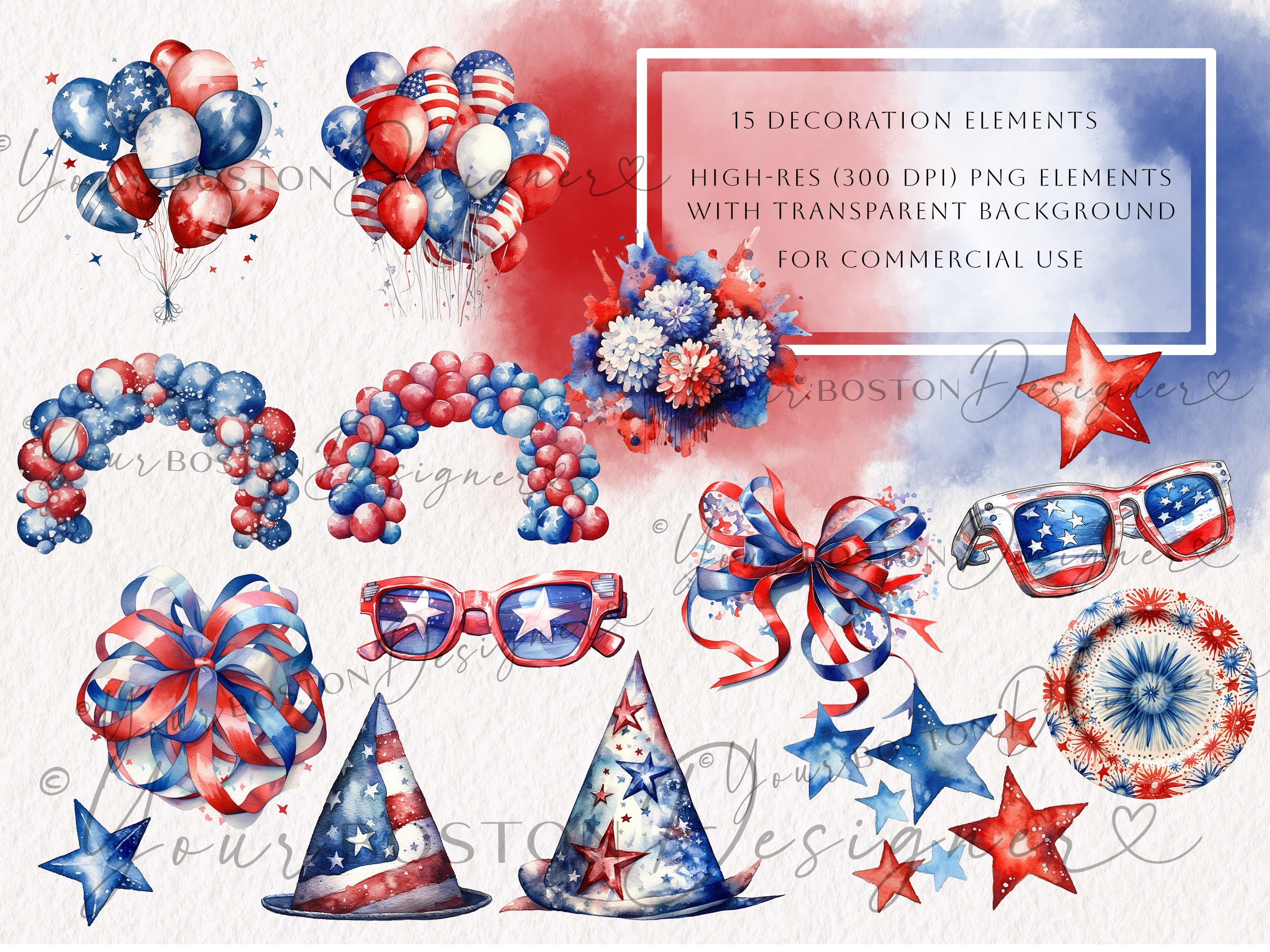 4th of July Watercolor Clipart Set | Patriotic Clipart | 4th of July ...