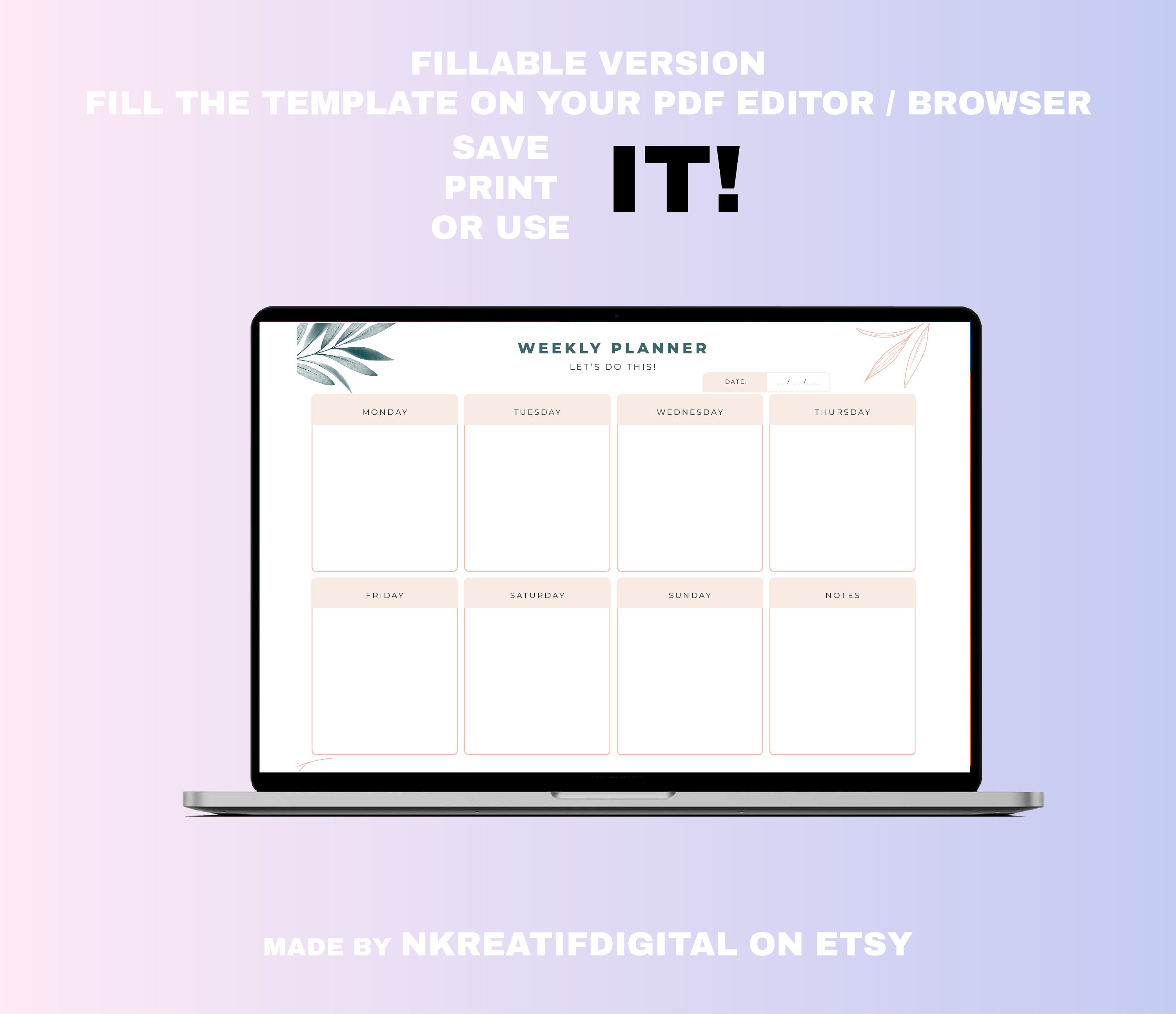 Printable Weekly Planner Landscape, A4 A3 Size, Digital Download Only ...