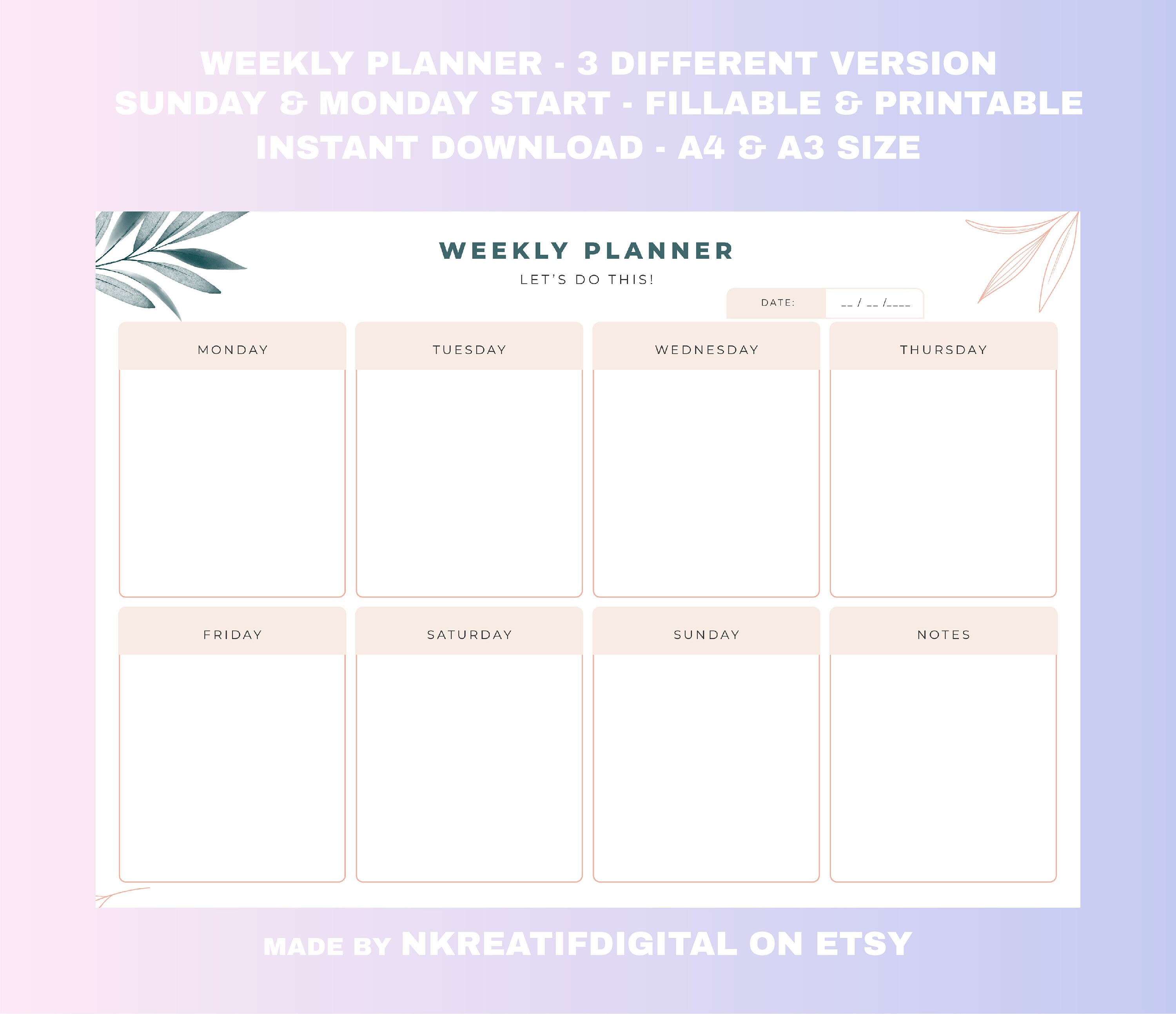Printable Weekly Planner Landscape, A4 A3 Size, Digital Download Only ...