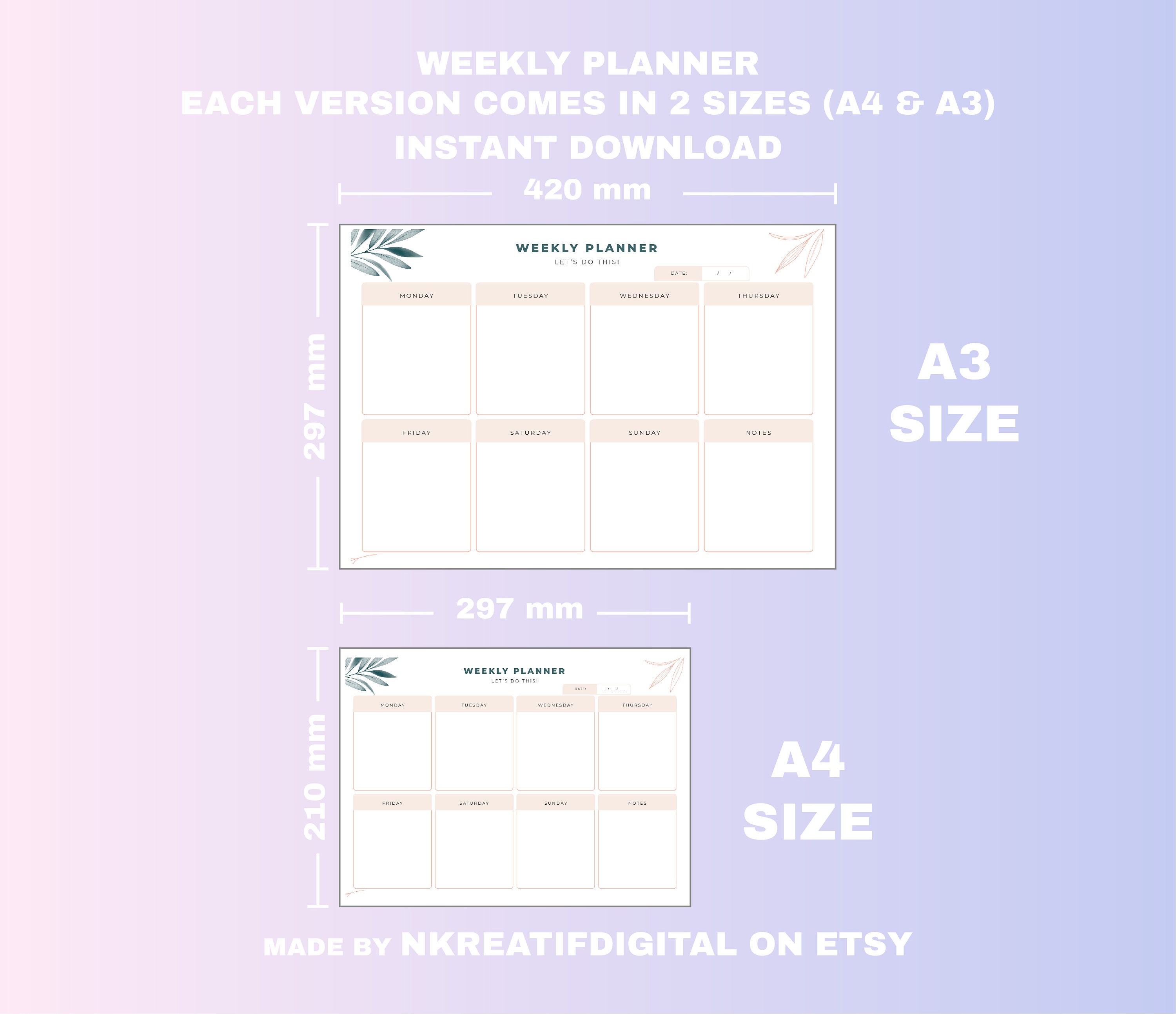 Printable Weekly Planner Landscape, A4 A3 Size, Digital Download Only ...