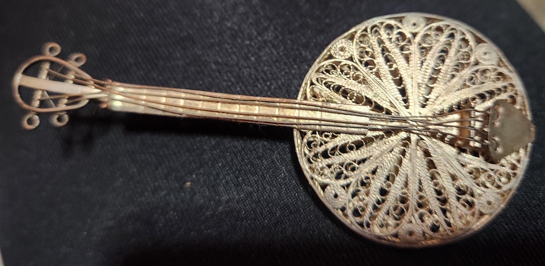 Silver Ornate Filigree Domra Russian String Instrument Pin Brooch ...