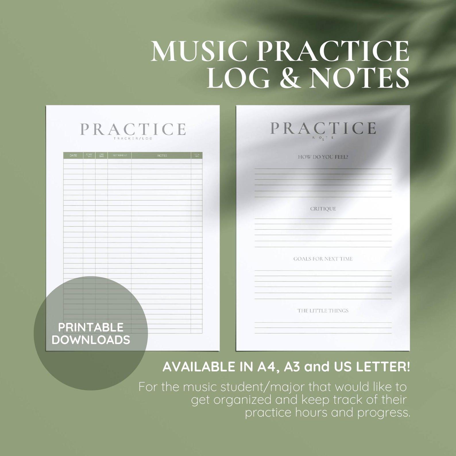 Music Practice Log Sheet, Practice Tracker, Musician Journal, Practice ...