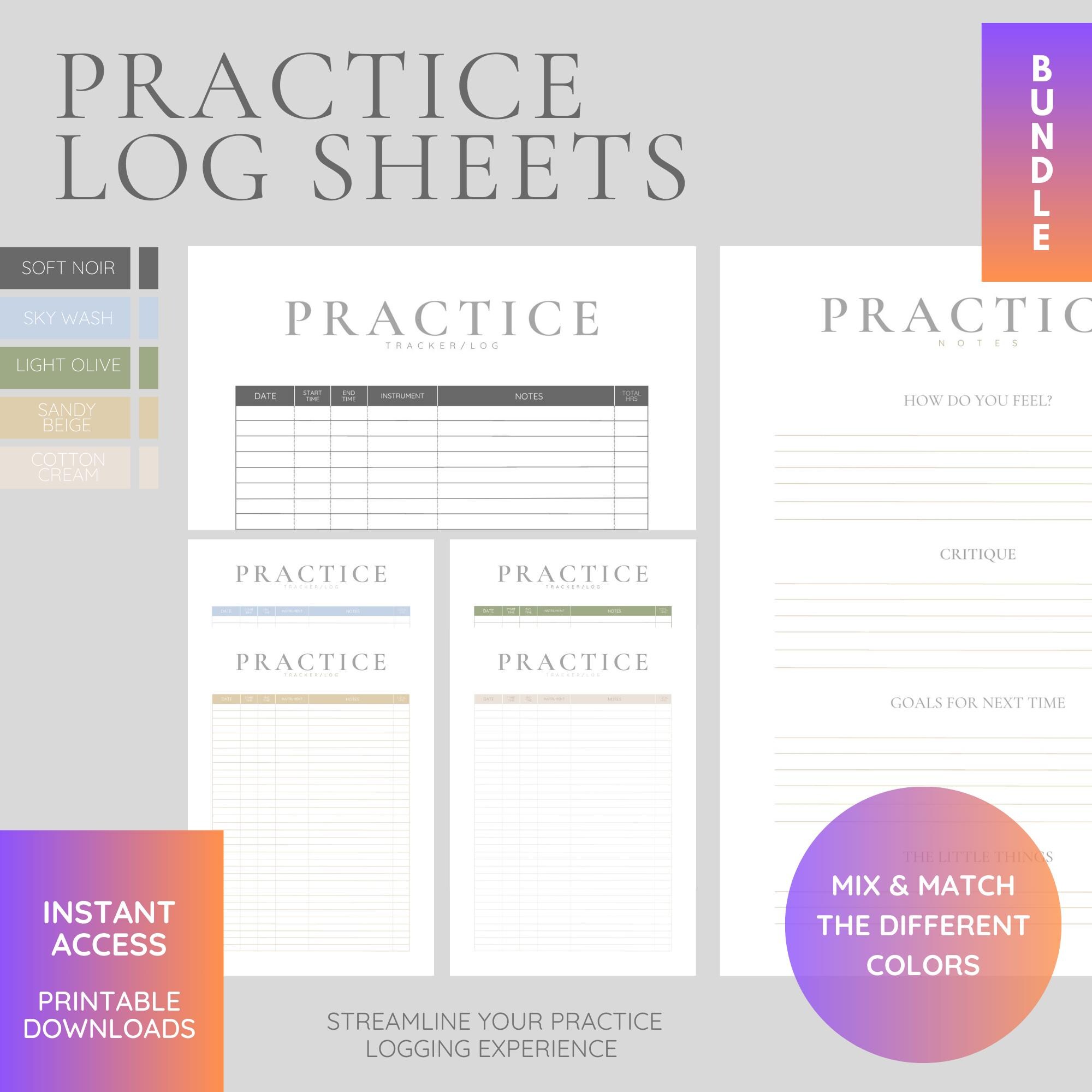 Printable Music Practice Log BUNDLE, Hours Tracker, Musician Practice ...