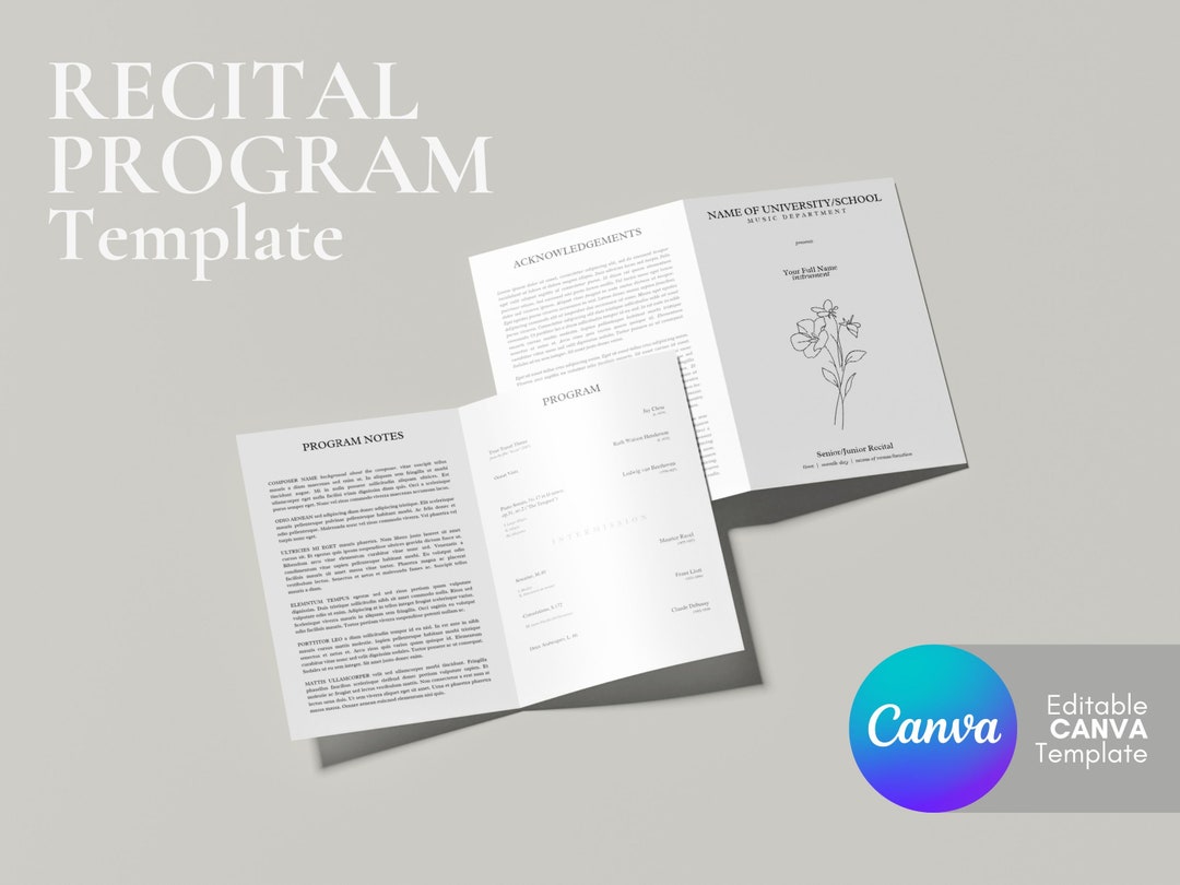 US Letter | Recital Program Template Simple Design | Piano, Editable ...