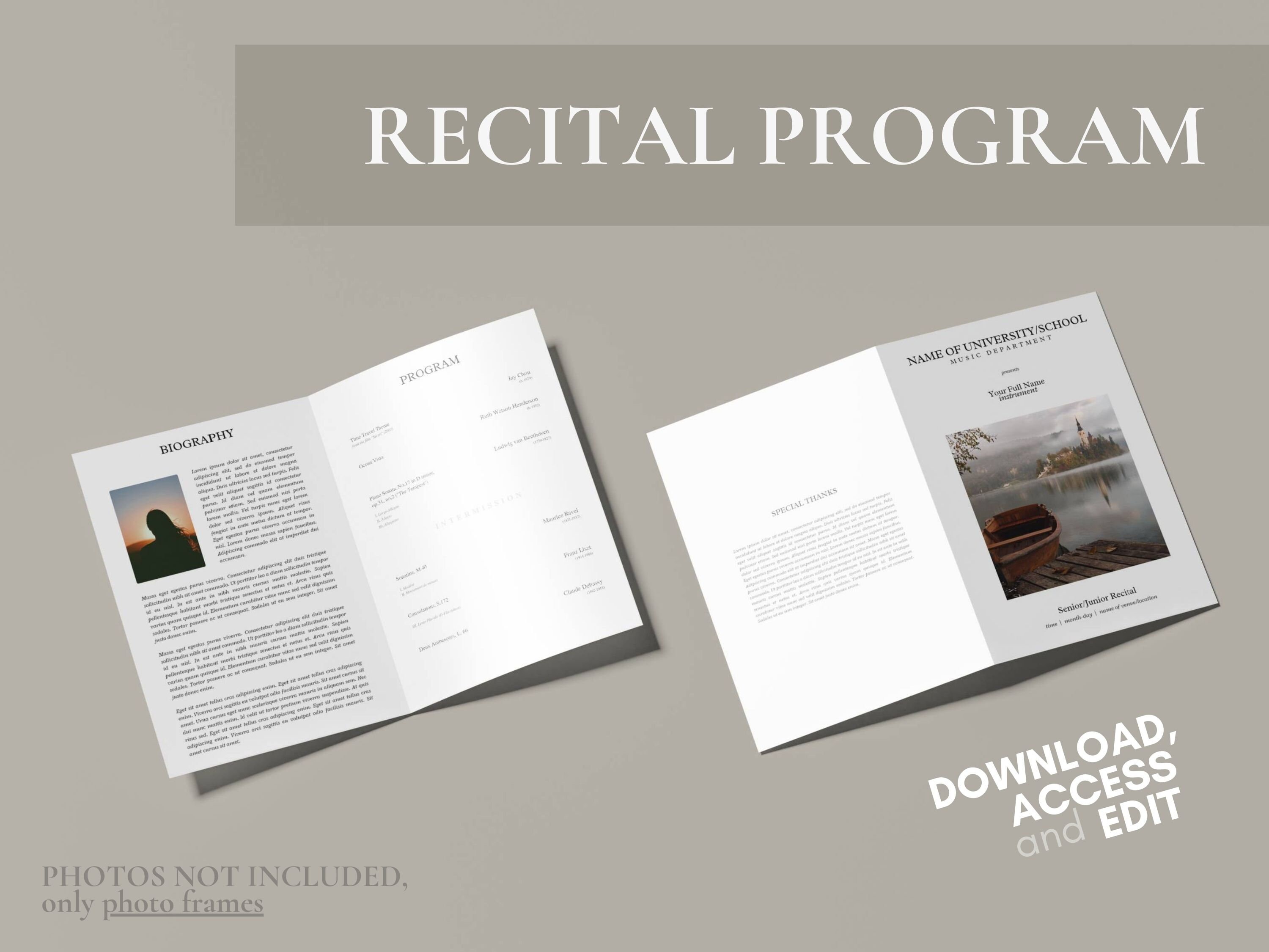 Solo Recital Program Template, Canva Design, Editable Printable Program ...