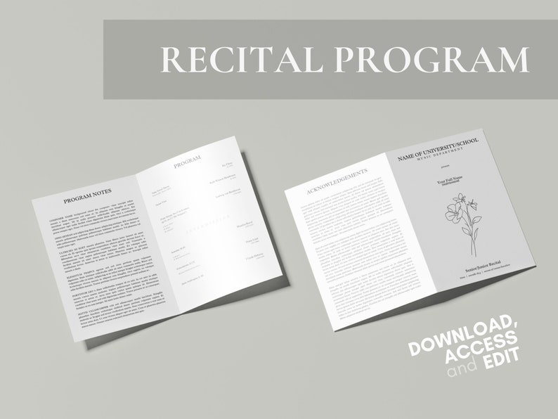 US Letter | Recital Program Template Simple Design | Piano, Editable ...