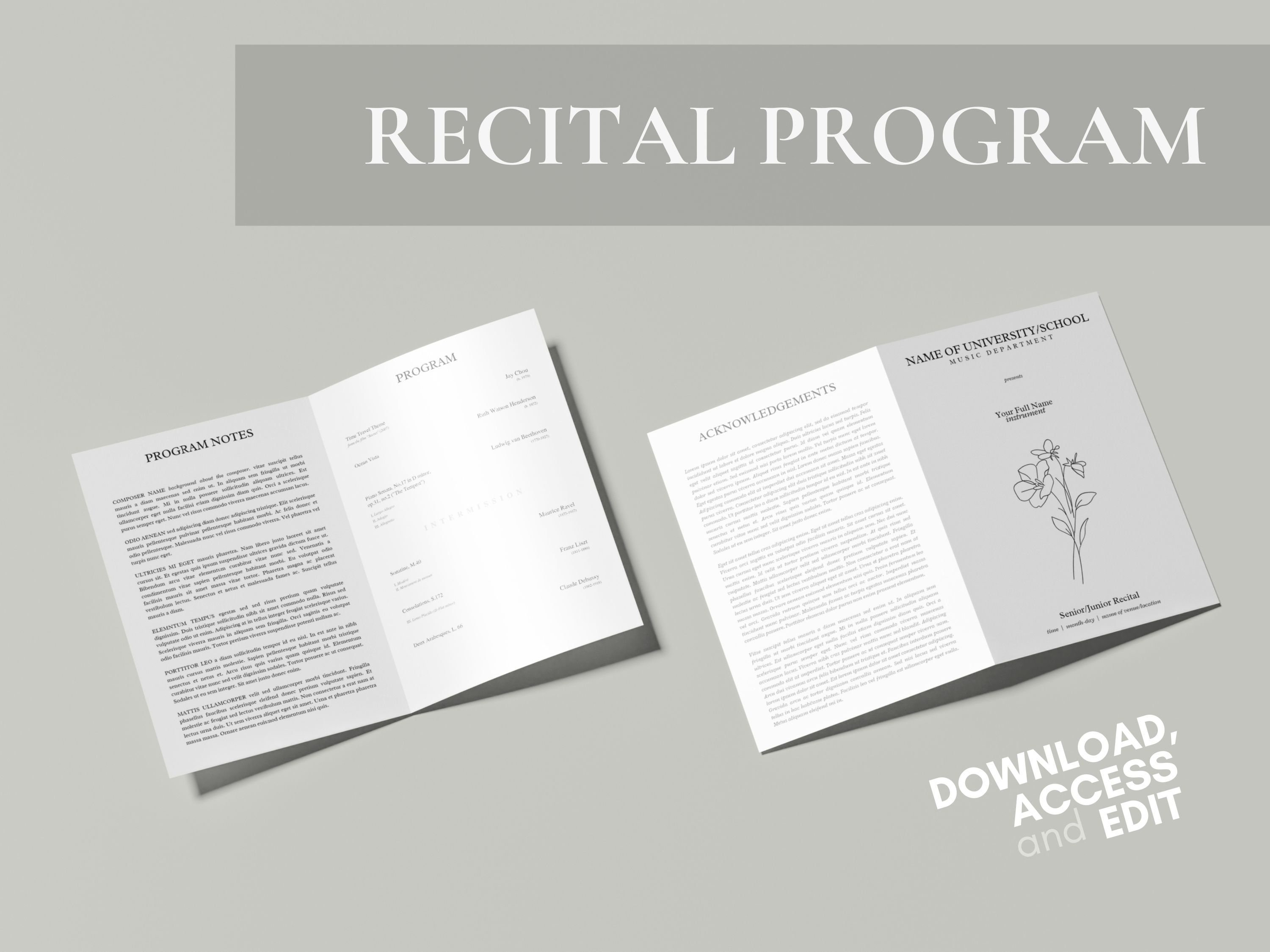 US Letter | Recital Program Template Simple Design | Piano, Editable ...