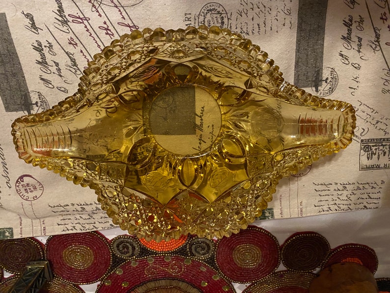 Vintage Kemple Glass Amber Wheatonware Napoleon Hat Banana Bowl Hobstar ...